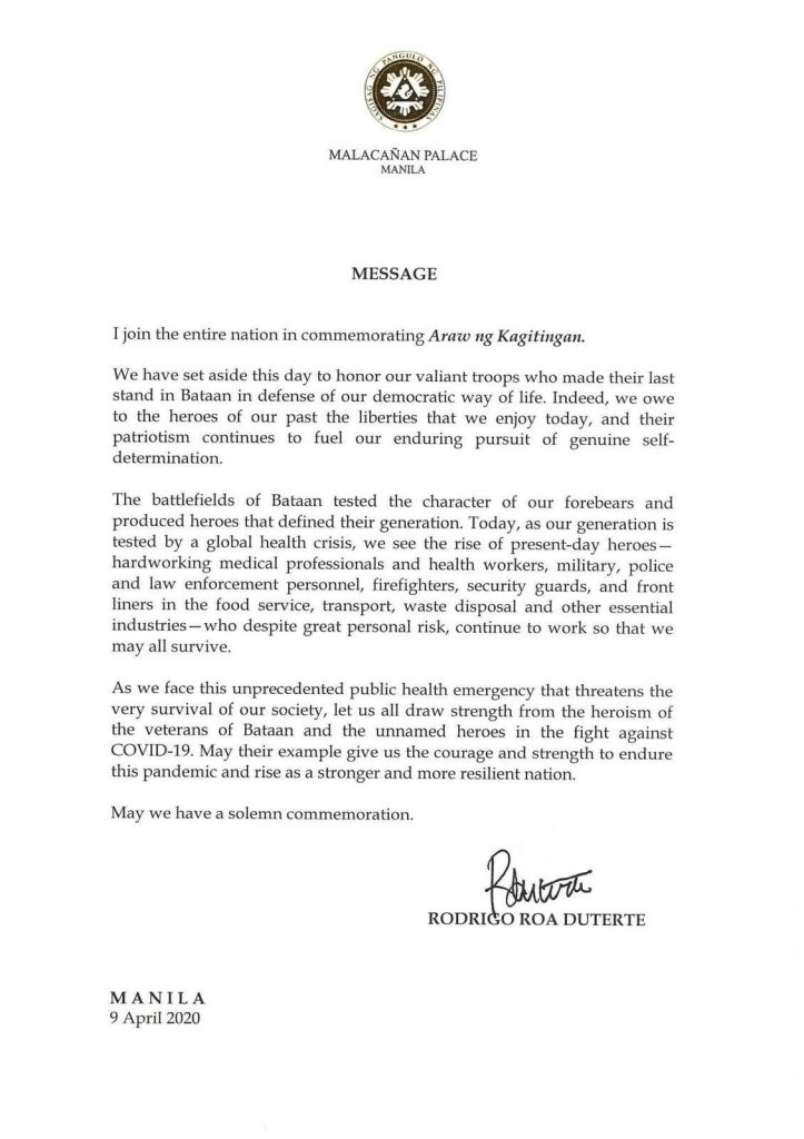 Message of President Rodrigo Roa Duterte for Araw ng Kagitingan 2020 ...